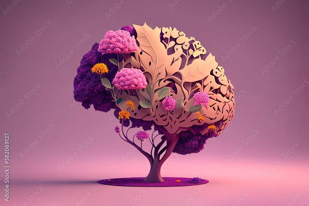 Human brain tree with flowers, self care and mental health concept ...