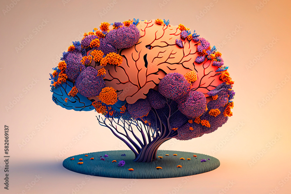 Human brain tree with flowers, self care and mental health concept ...