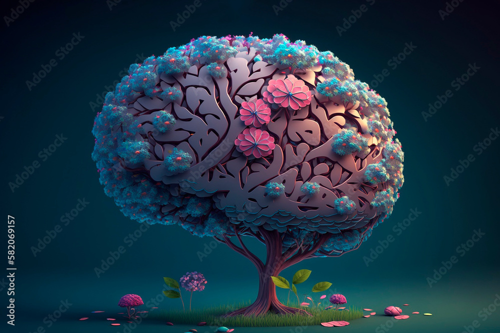 Human brain tree with flowers, self care and mental health concept ...