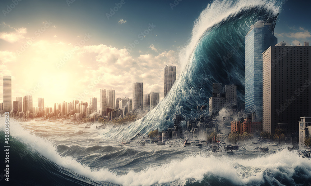 Huge tsunami destroying a city. Dramatic scenery with a big wave ...