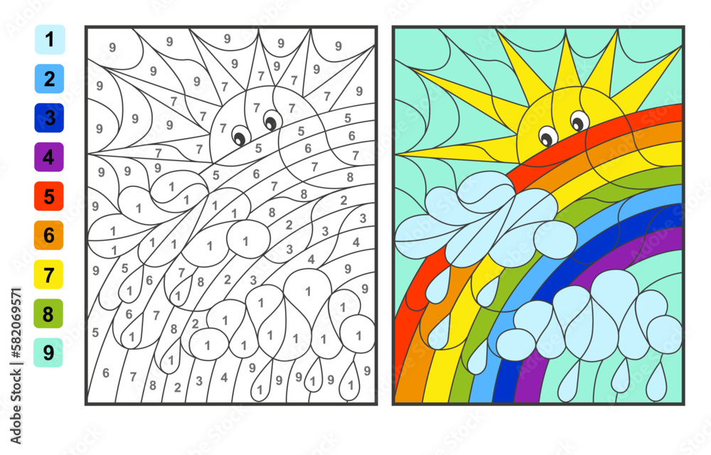 Color by numbers rainbow and clouds. Puzzle game for children education ...