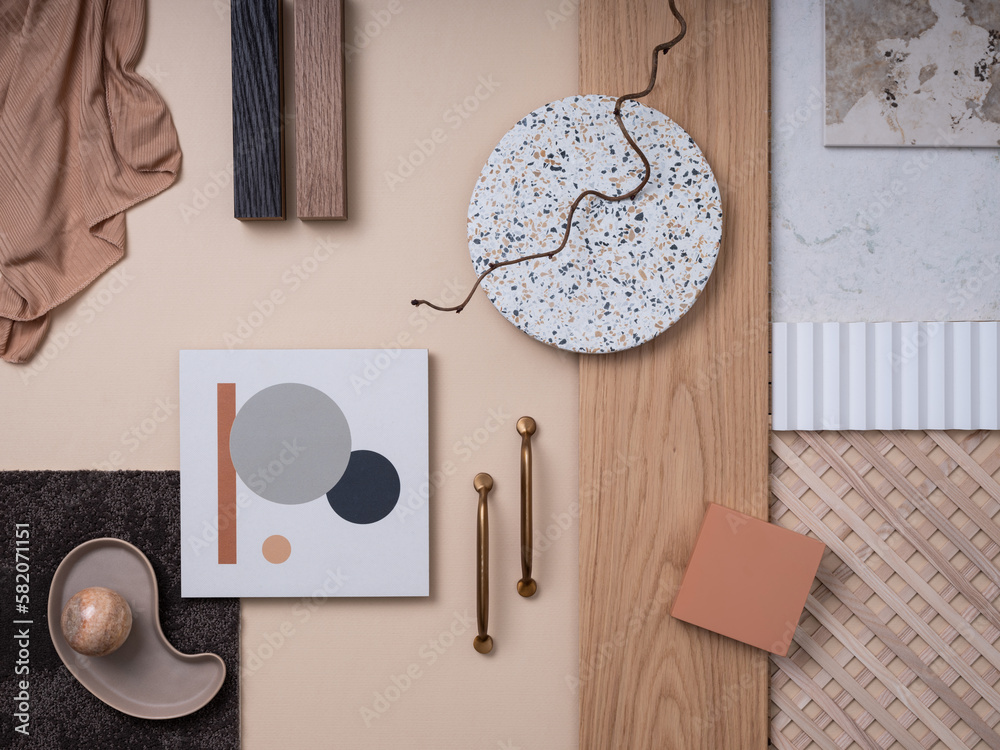 Aesthetic flat lay composition with textile and paint samples, panels ...
