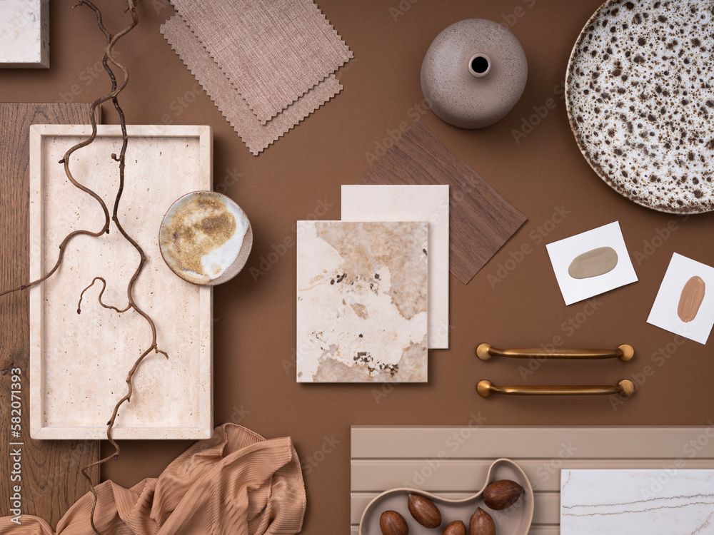 Elegant flat lay composition in brown and beige color palette with ...