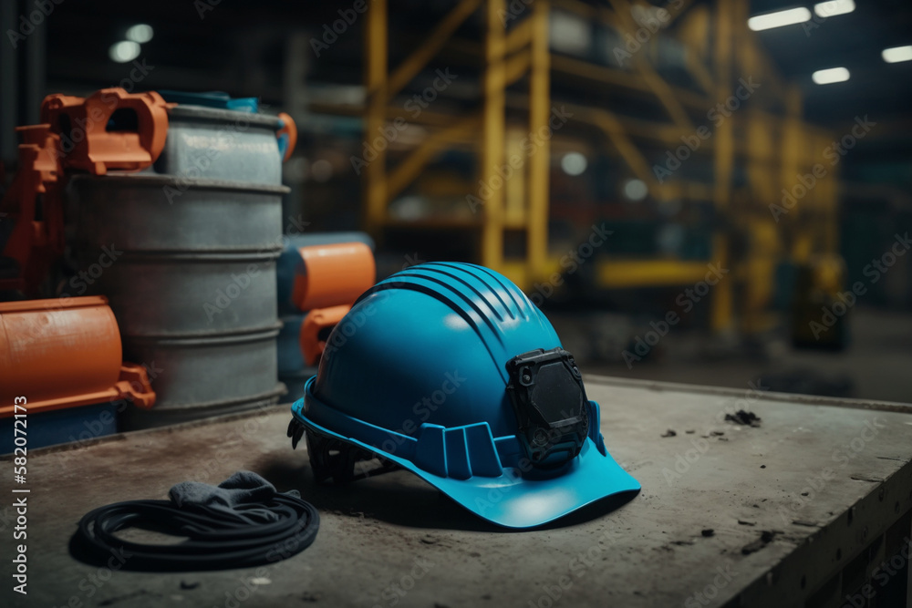 A blue safety helmet or hardhat, construction worker PPE, is placed in ...