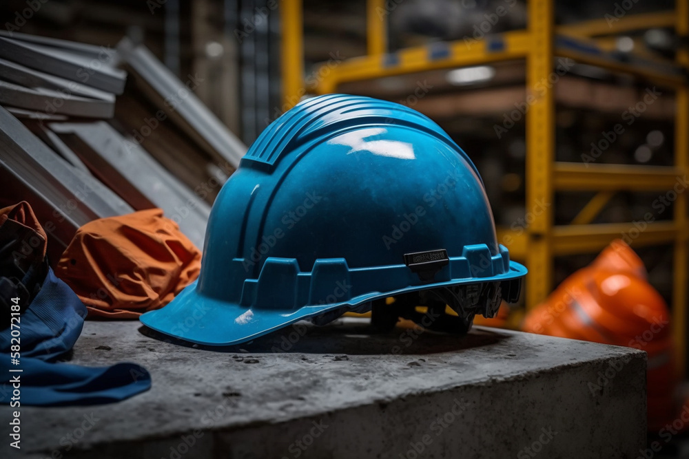 A blue safety helmet or hardhat, construction worker PPE, is placed in ...