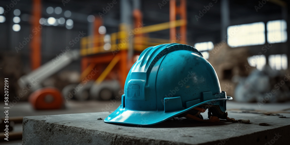 A blue safety helmet or hardhat, construction worker PPE, is placed in ...