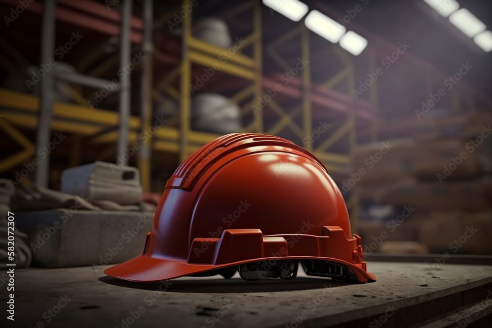 A red safety helmet or hardhat, construction worker PPE, is placed in ...