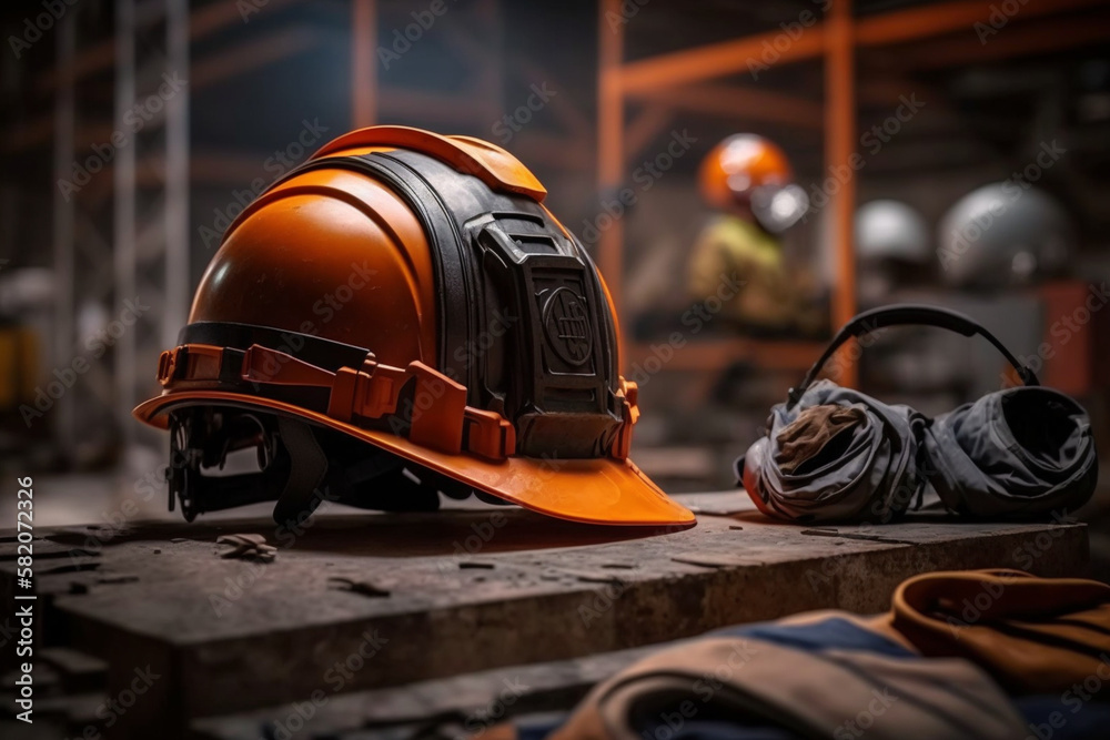 A red safety helmet or hardhat, construction worker PPE, is placed in ...