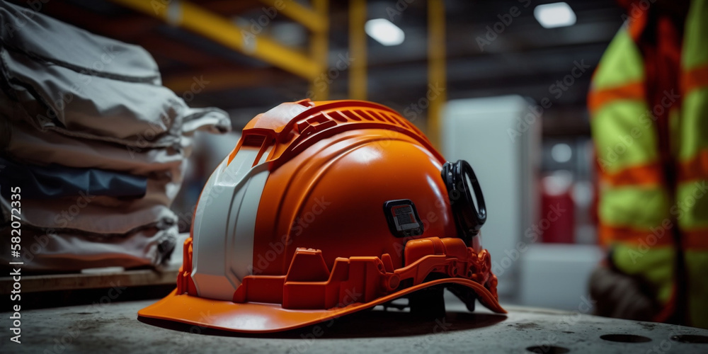 A red safety helmet or hardhat, construction worker PPE, is placed in ...