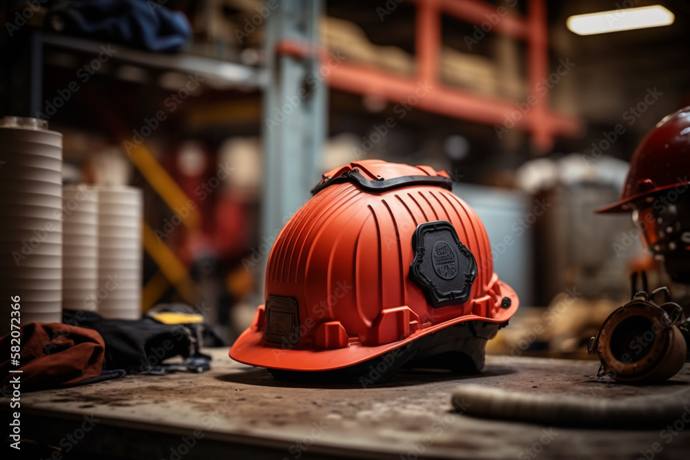 A red safety helmet or hardhat, construction worker PPE, is placed in ...