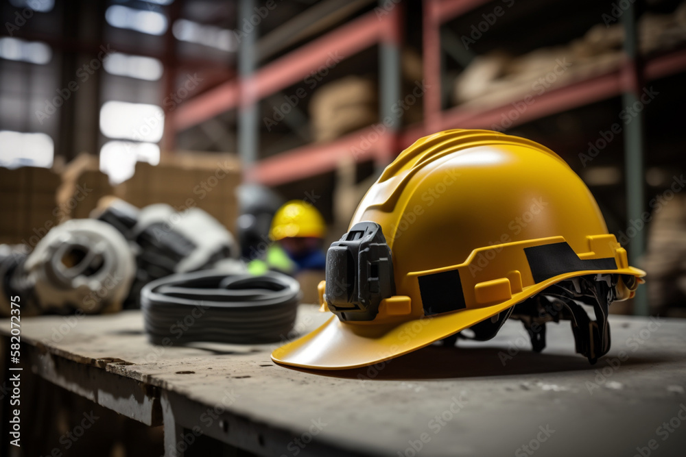 A yellow safety helmet or hardhat, construction worker PPE, is placed ...