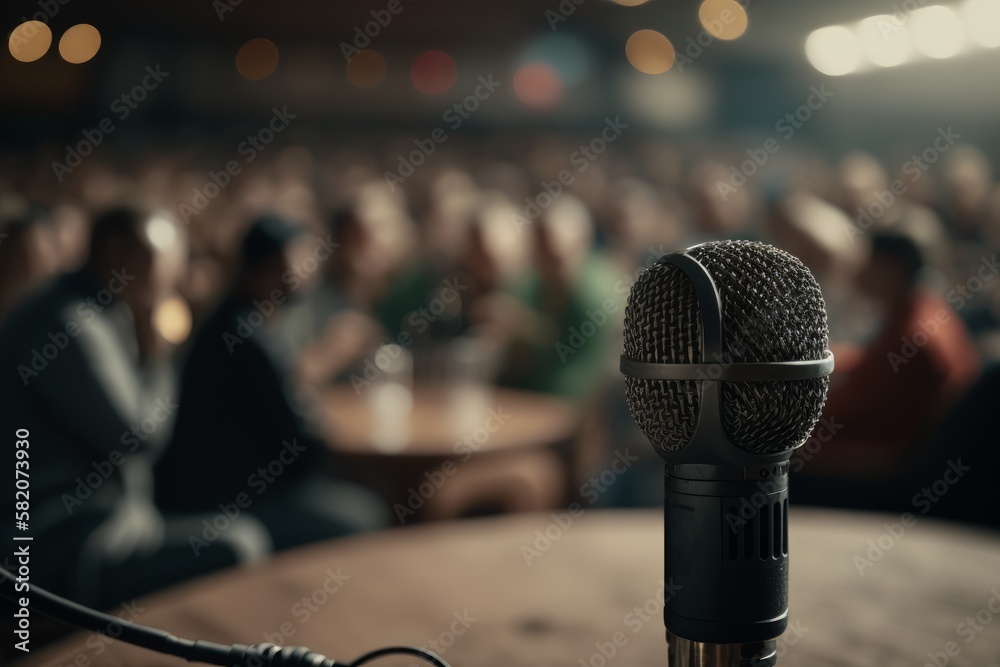 Microphone captured on a background of an audience hall, ready to ...