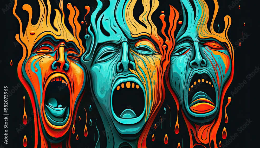 Abstract faces of people screaming in despair. Colorful portraits on a ...
