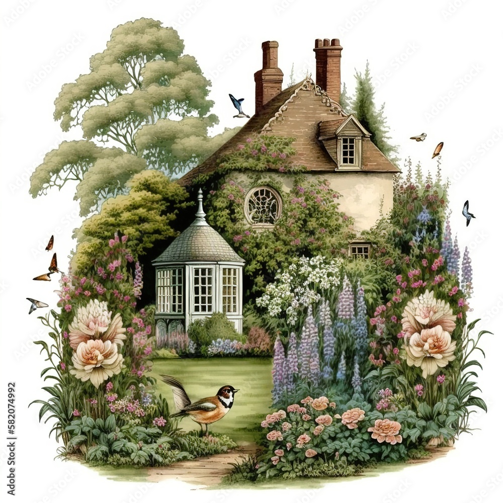 english country garden isolated on white. clipart. AI generated Stock ...