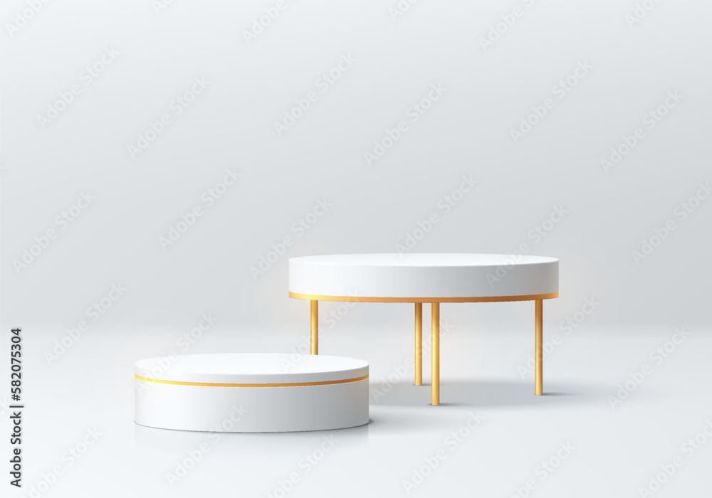 3D realistic white cylinder pedestal podium background with golden legs ...