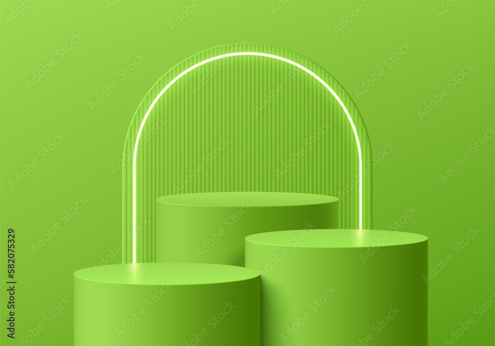 3D green realistic stand podium set background with glowing neon light ...