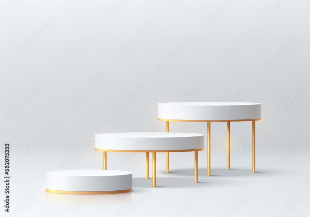 3D realistic white cylinder pedestal podium background with golden legs ...