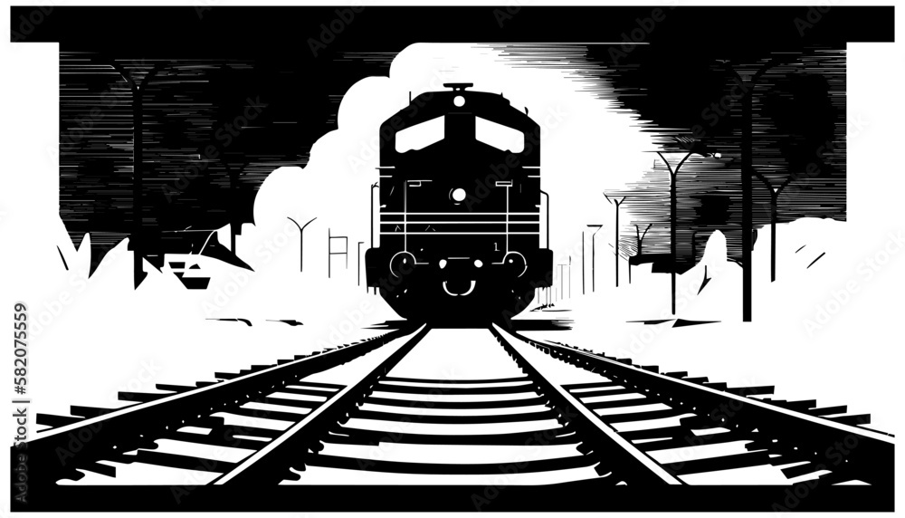 black and white train on the railway track Stock Vector | Adobe Stock