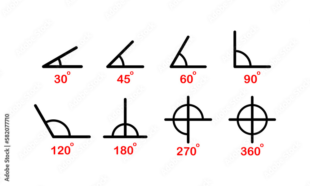Set of degrees icons at different angles. Line icons, black ...
