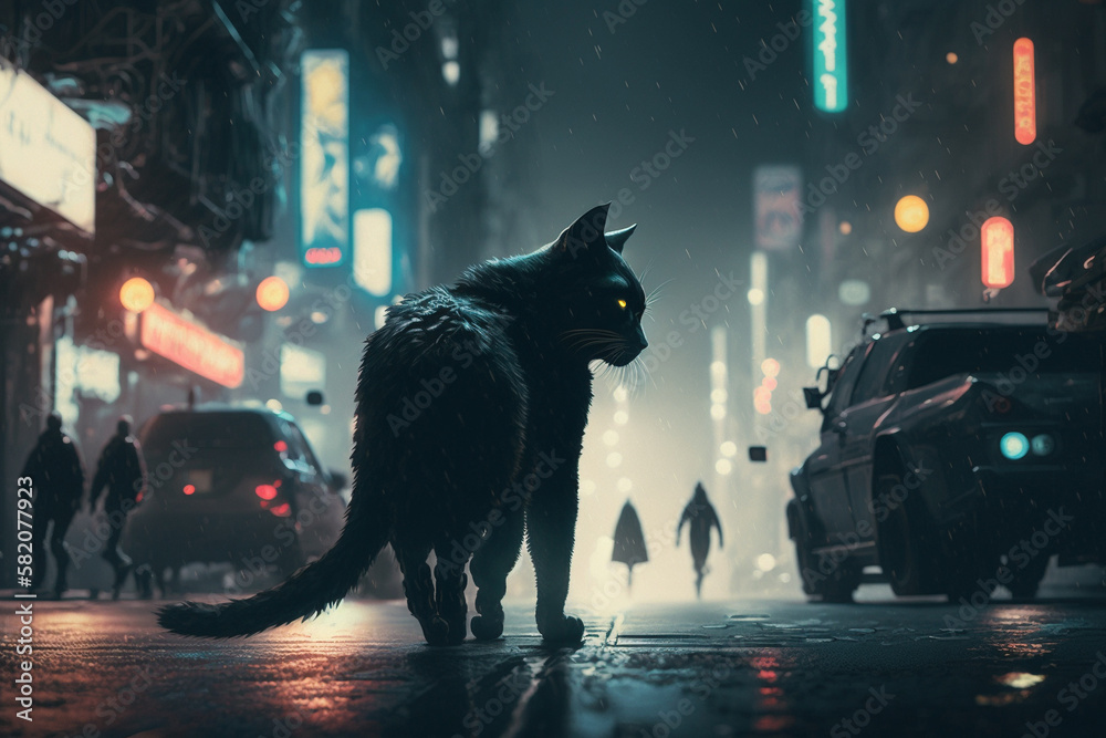 Beautiful black cat walking down the street at night. Black pet animal ...