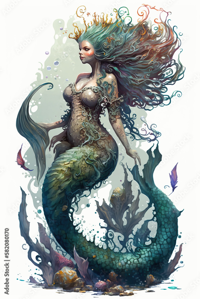 Underwater Fantasy World Beautiful Mermaid With Tail In Ocean Created