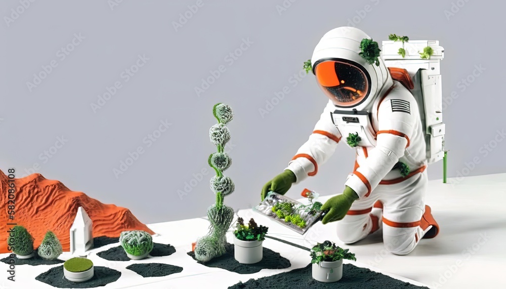 An astronaut planting a garden on Mars, they are sowing a mix of ...