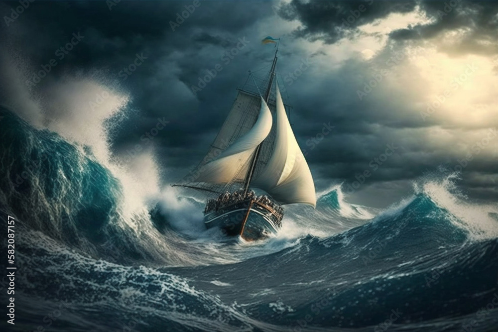 Sailing ship in a giant storm with crashing waves. Sailing Boat inside ...