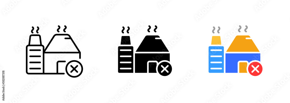 Factory icon with a red cross, indicating that the factory is closed or ...