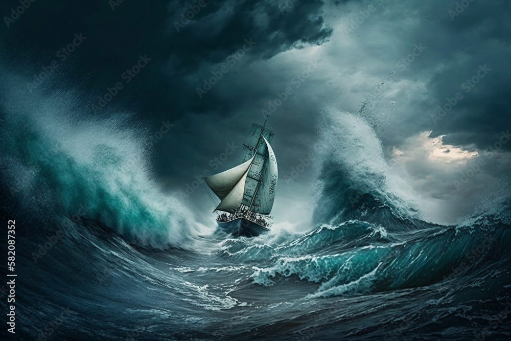 Sailing ship in a giant storm with crashing waves. Sailing Boat inside ...