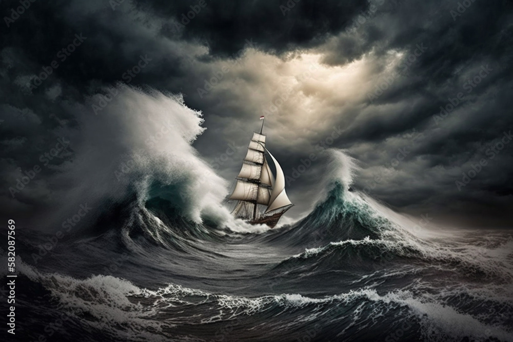 Sailing ship in a giant storm with crashing waves. Sailing Boat inside ...