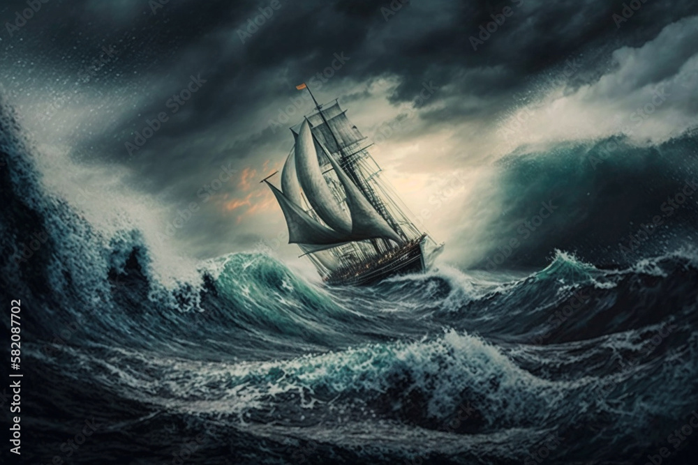Sailing ship in a giant storm with crashing waves. Sailing Boat inside ...