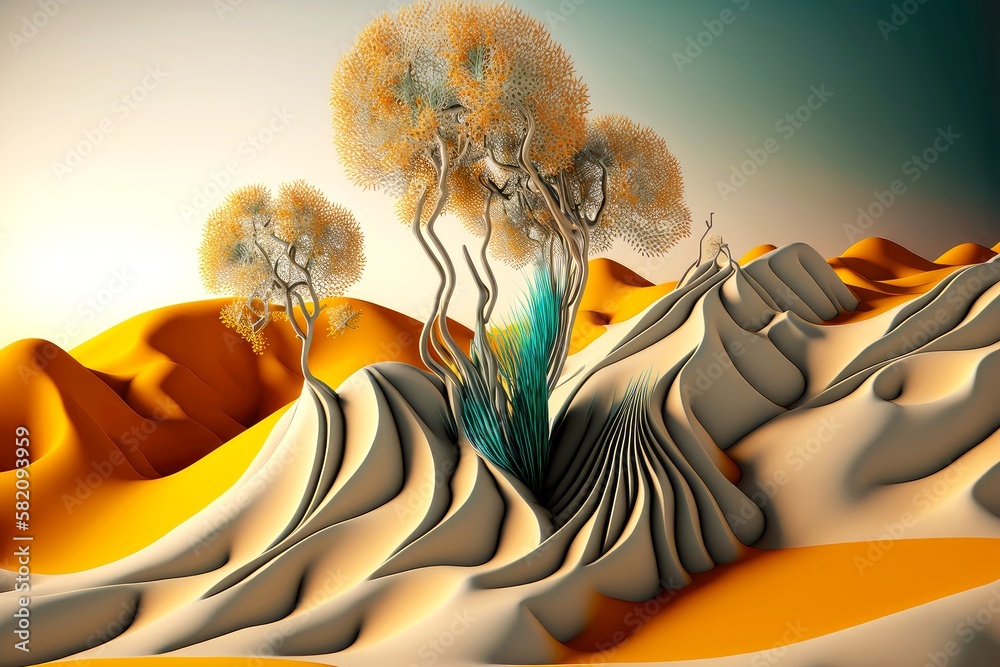 desert 3d abstract with multi-sized sand dunes and rare plants, created ...