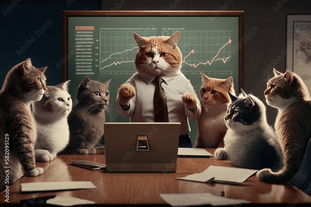 Cats sitting around a boardroom table, dressed in business suits, one ...