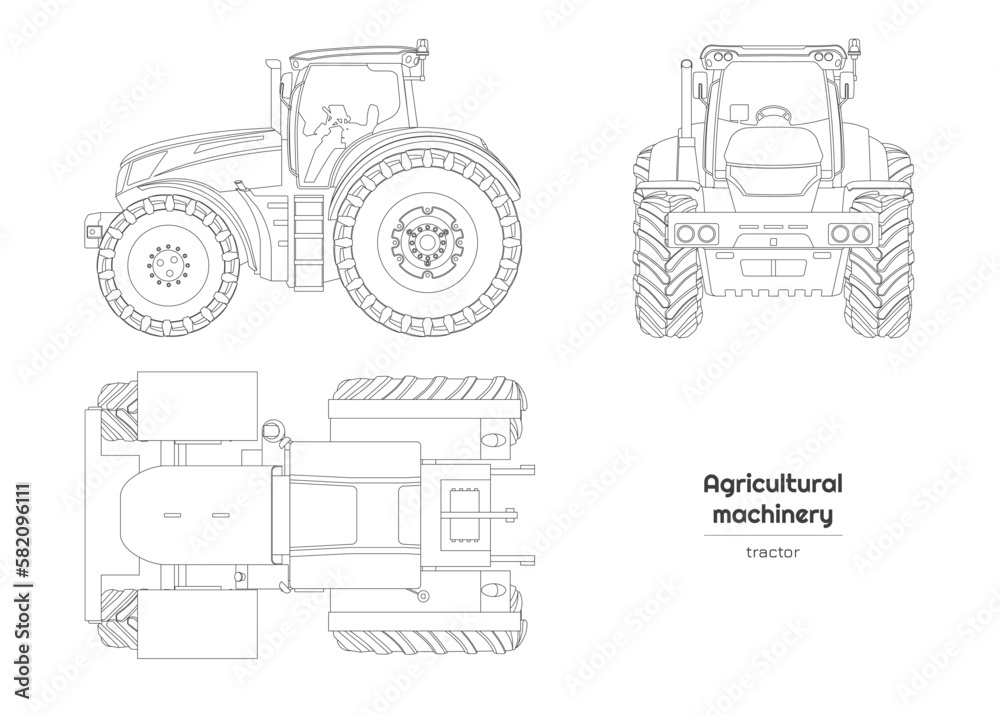 Outline farmer tractor drawing. Isolated agricultural machine. Top ...