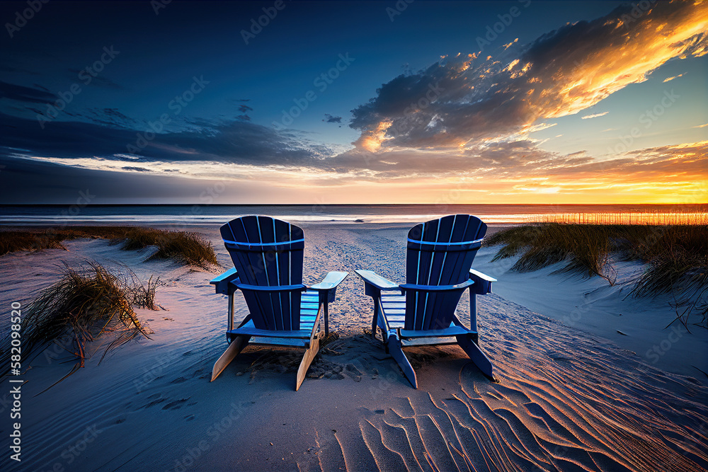 Two blue Adirondack chairs on a beach with sand dunes facing the ocean at sunset. Summer scenic ...