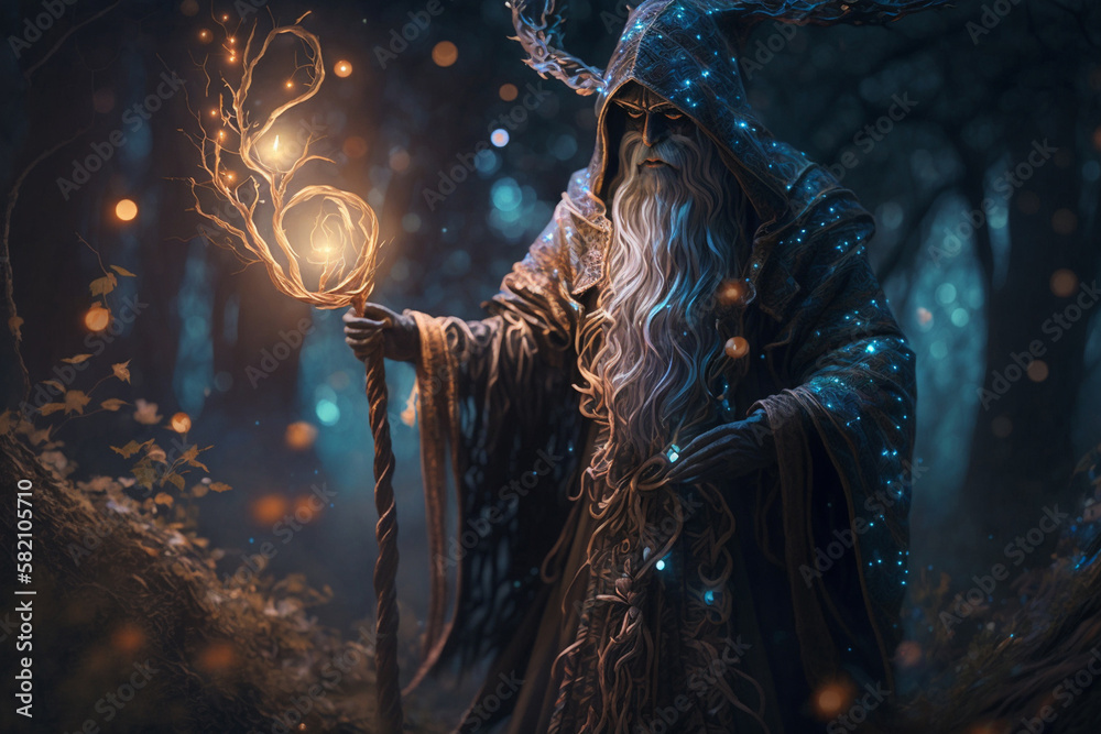 A mystical druid standing in a lush forest glade, surrounded by ...