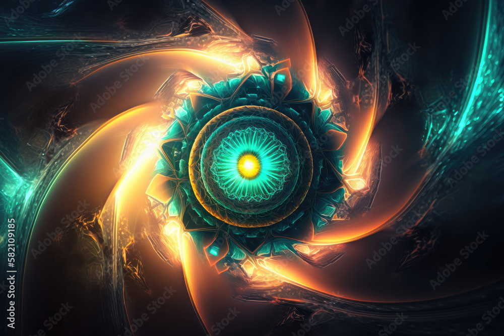 Cosmic trance and hypnosis concept of glowing details in digital neural ...