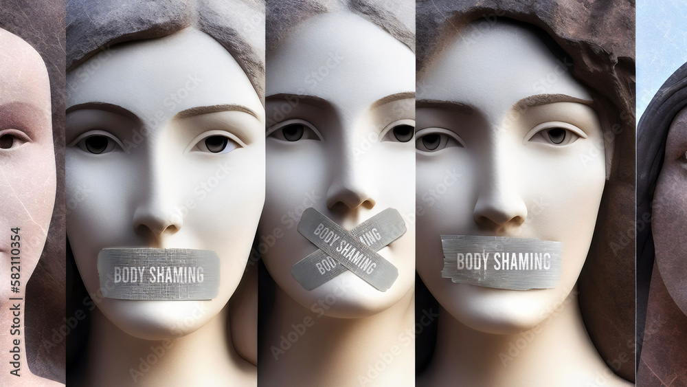 Body shaming and silenced women. Women statues with taped lips as a ...