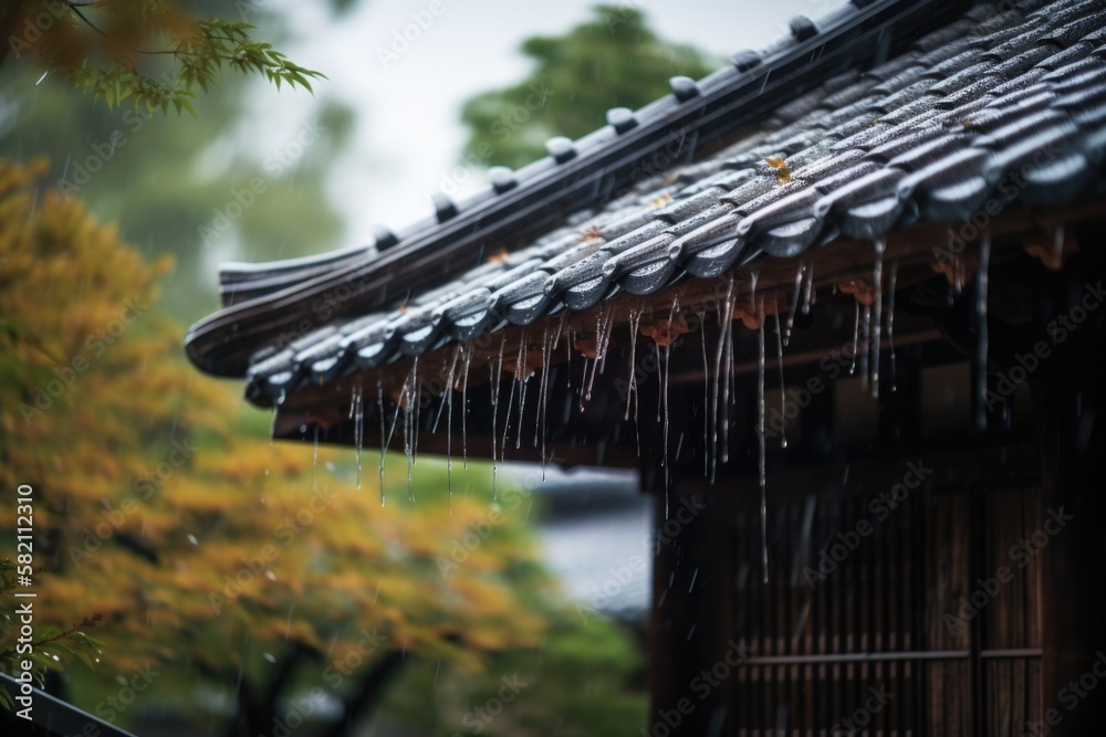Pouring rain down japanese roof, album cover, Generative AI Stock ...