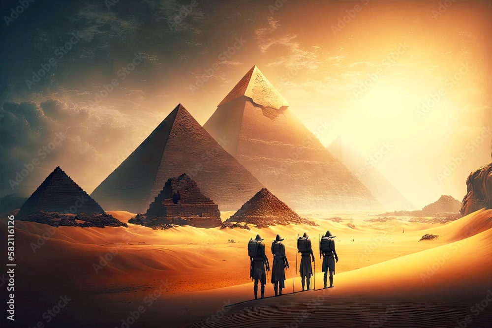 travelers stand at foot of tall ancient egyptian pyramids, created with ...