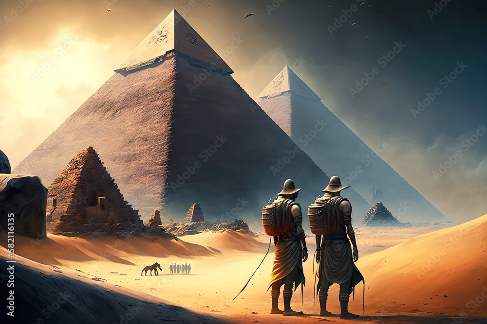 travelers stand at foot of tall ancient egyptian pyramids, created with ...