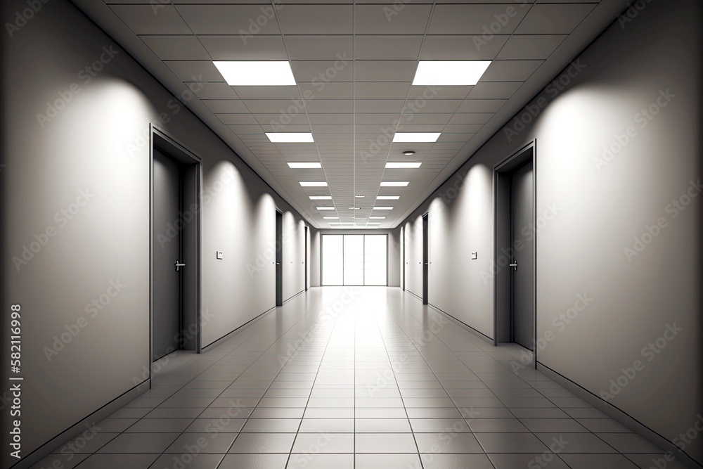 interior of empty office corridor with rectangular ceiling recessed ...