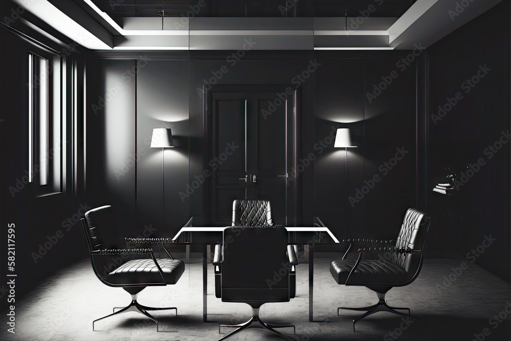 dark interior of empty meeting room with light armchairs and large ...