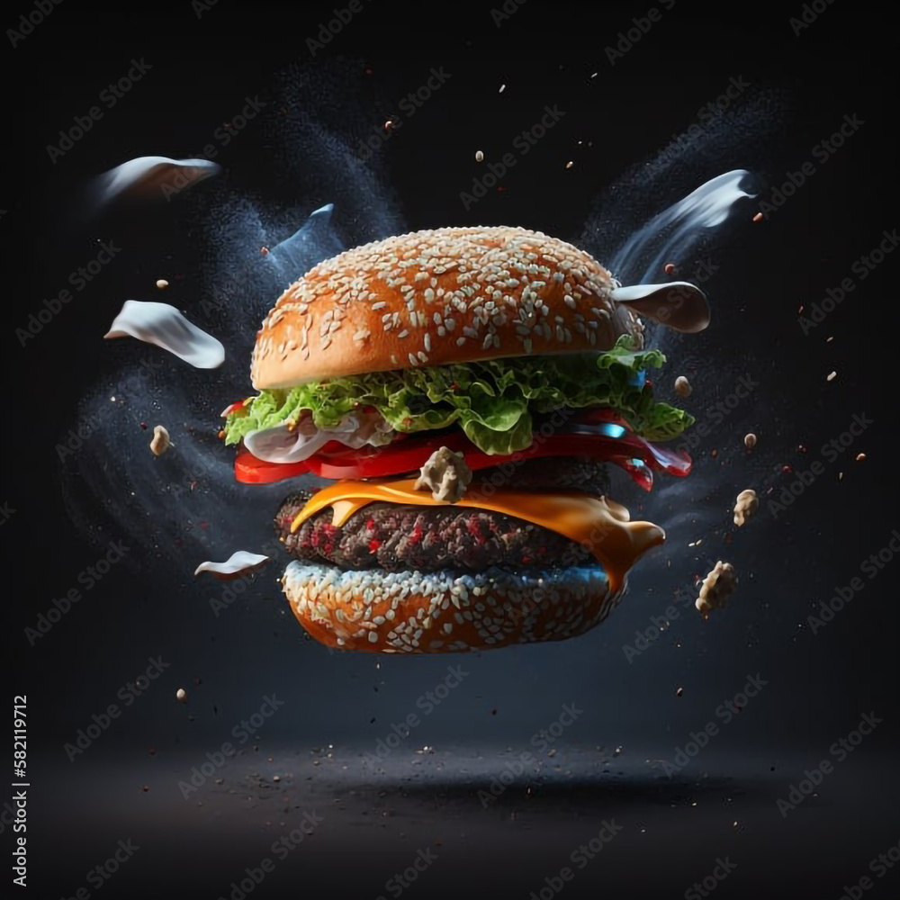 Flying Delicious Burger in Realistic 3D Rendering with Black Background ...