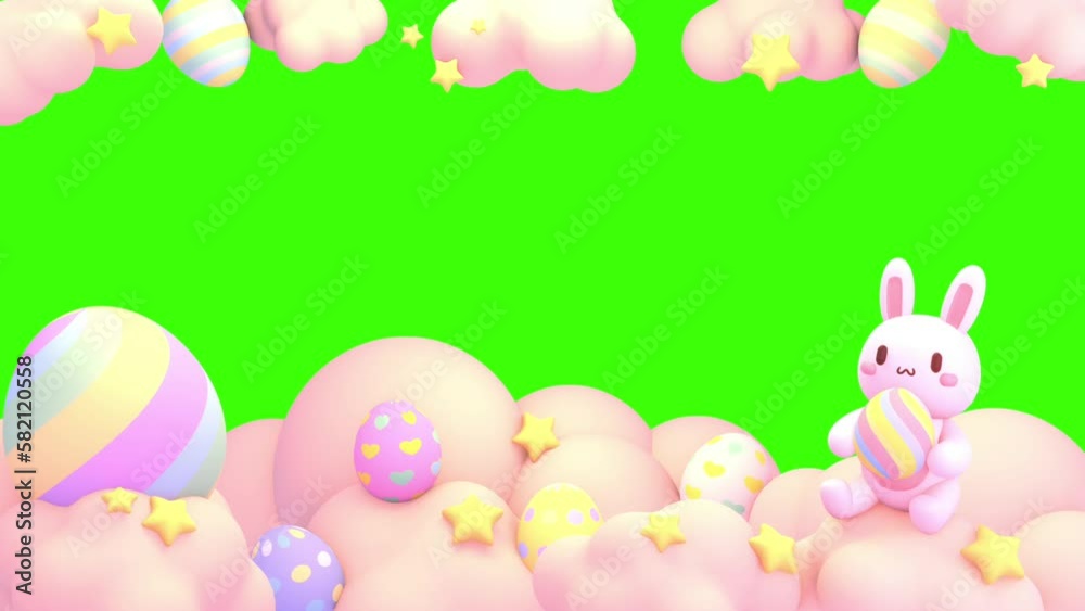 Looped cute bunny and Easter eggs frame on green screen background ...
