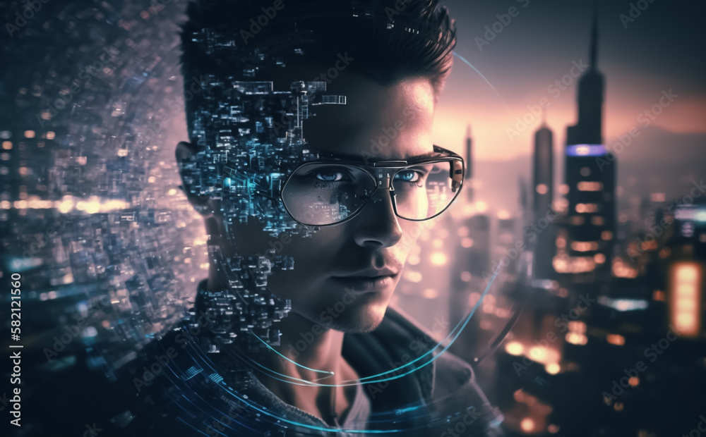 Man wearing Augmented Reality glasses in a futuristic digital ...