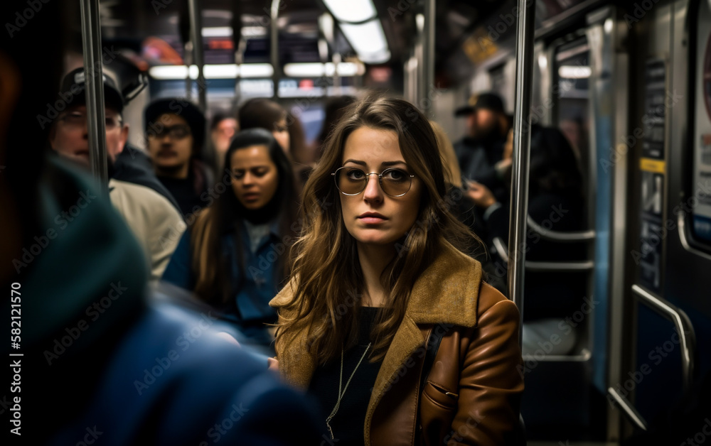 Young beautiful girl riding the subway during rush hour. Lifestyle ...