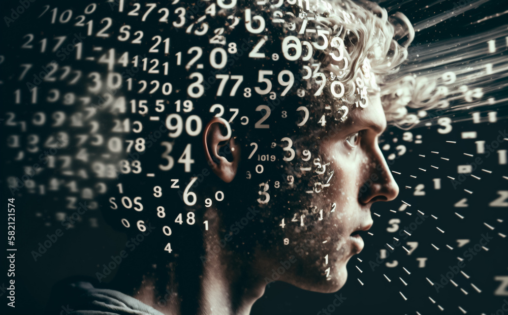 Face of a Genius with Numbers and figures swirling around, male human ...