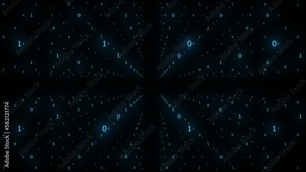 Computer graphics infinite number of zeros and ones moving on a black ...