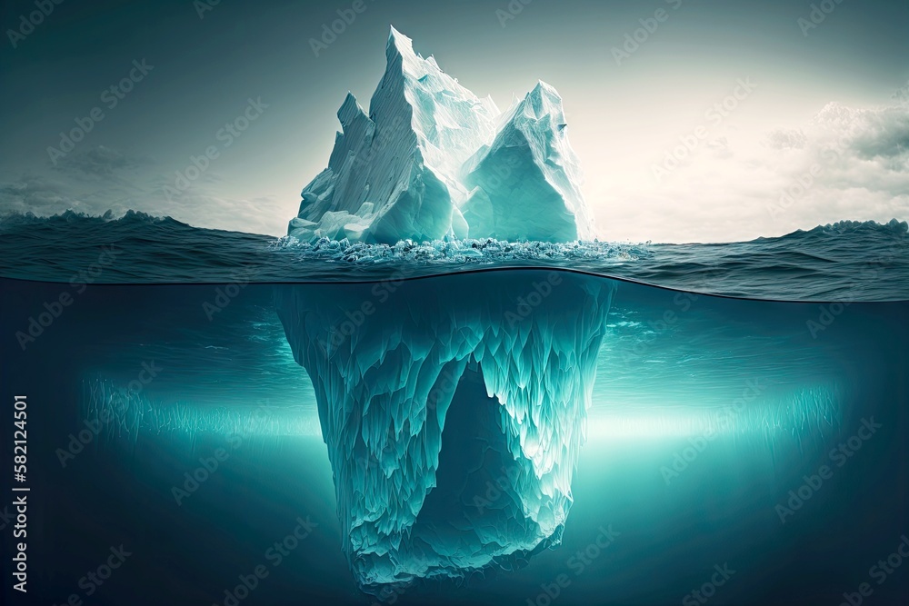 majestic giant floating iceberg going deep under water with sharp peaks ...